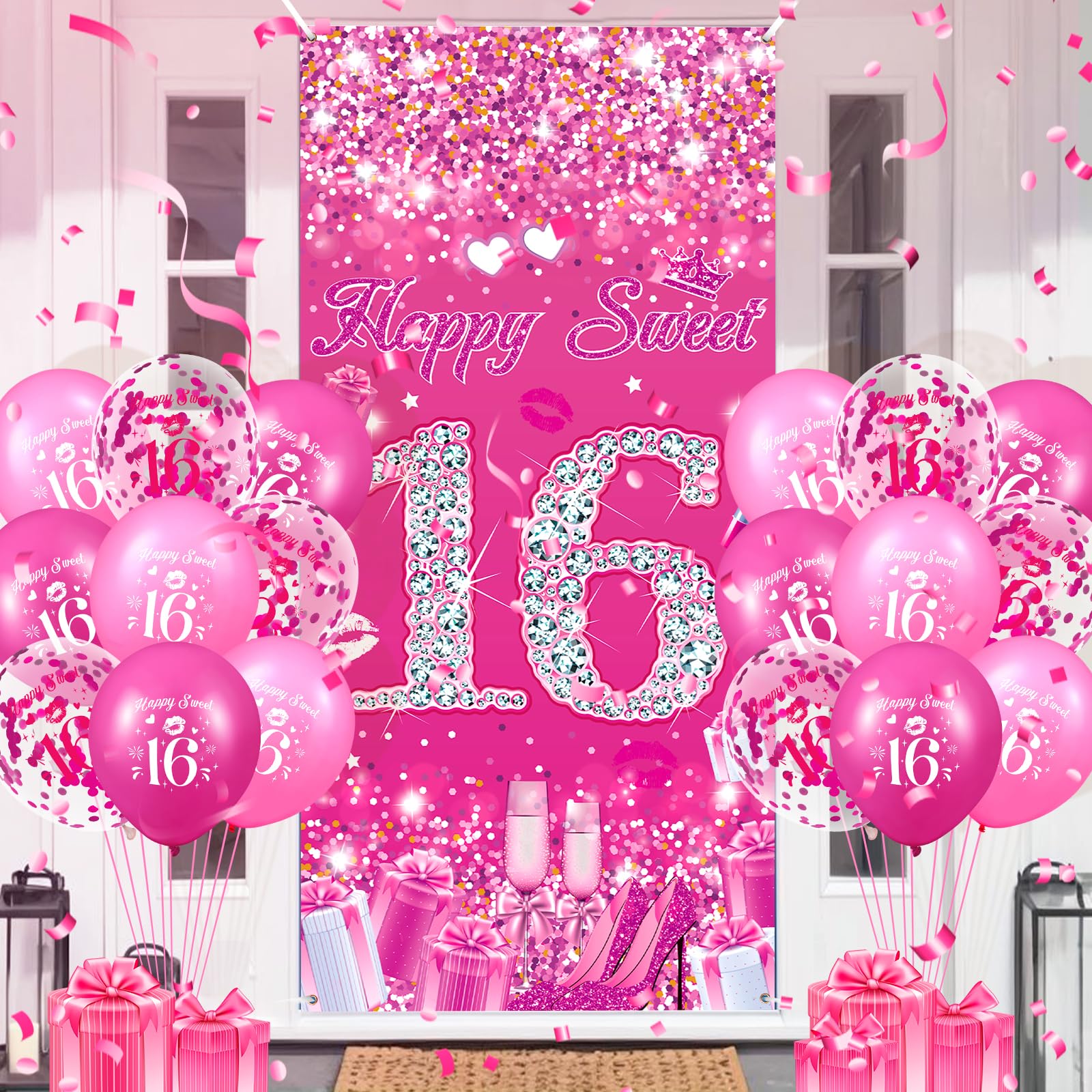 Amazon.com: Sweet 16 Birthday Decorations for Girls Pink Happy Sweet 16 Door Banner 16th ...