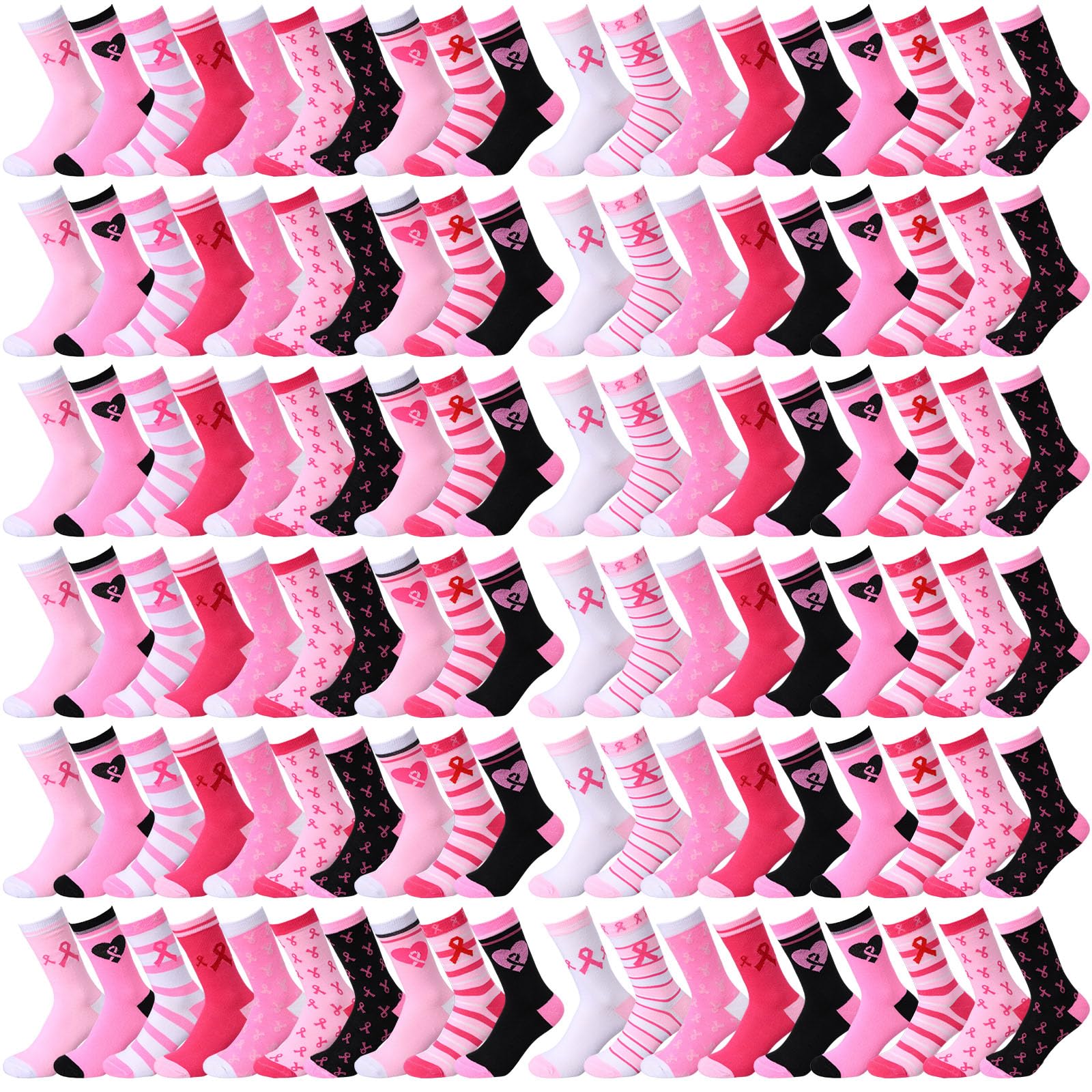 Jiuguva 120 Pairs of Pink Ribbon Breast Cancer Awareness Socks Bulk ...