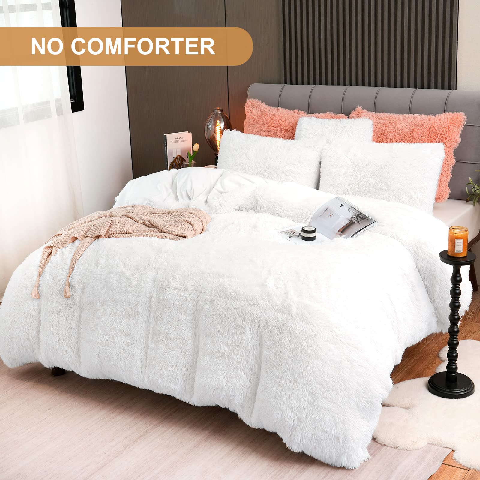 Fluffy Plush White Duvet Cover Set Queen Size, Luxury Ultra Soft Velvet ...