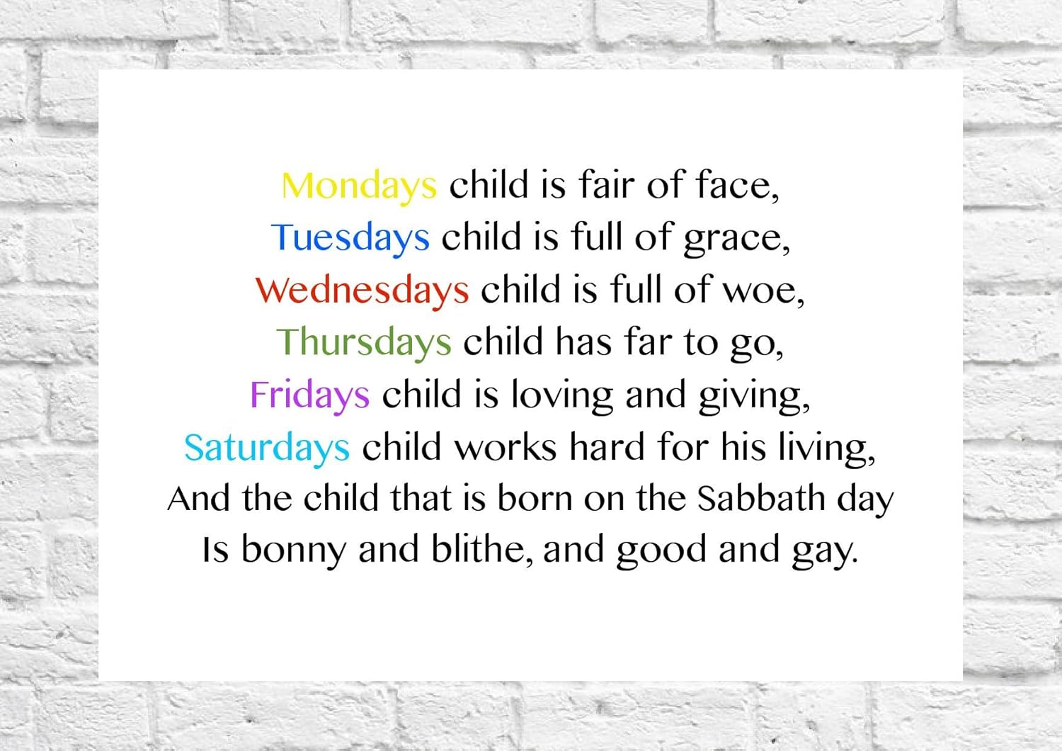 Mondays Child - Nursery Rhyme Poem - Quote - Unframed Print : Amazon.co ...