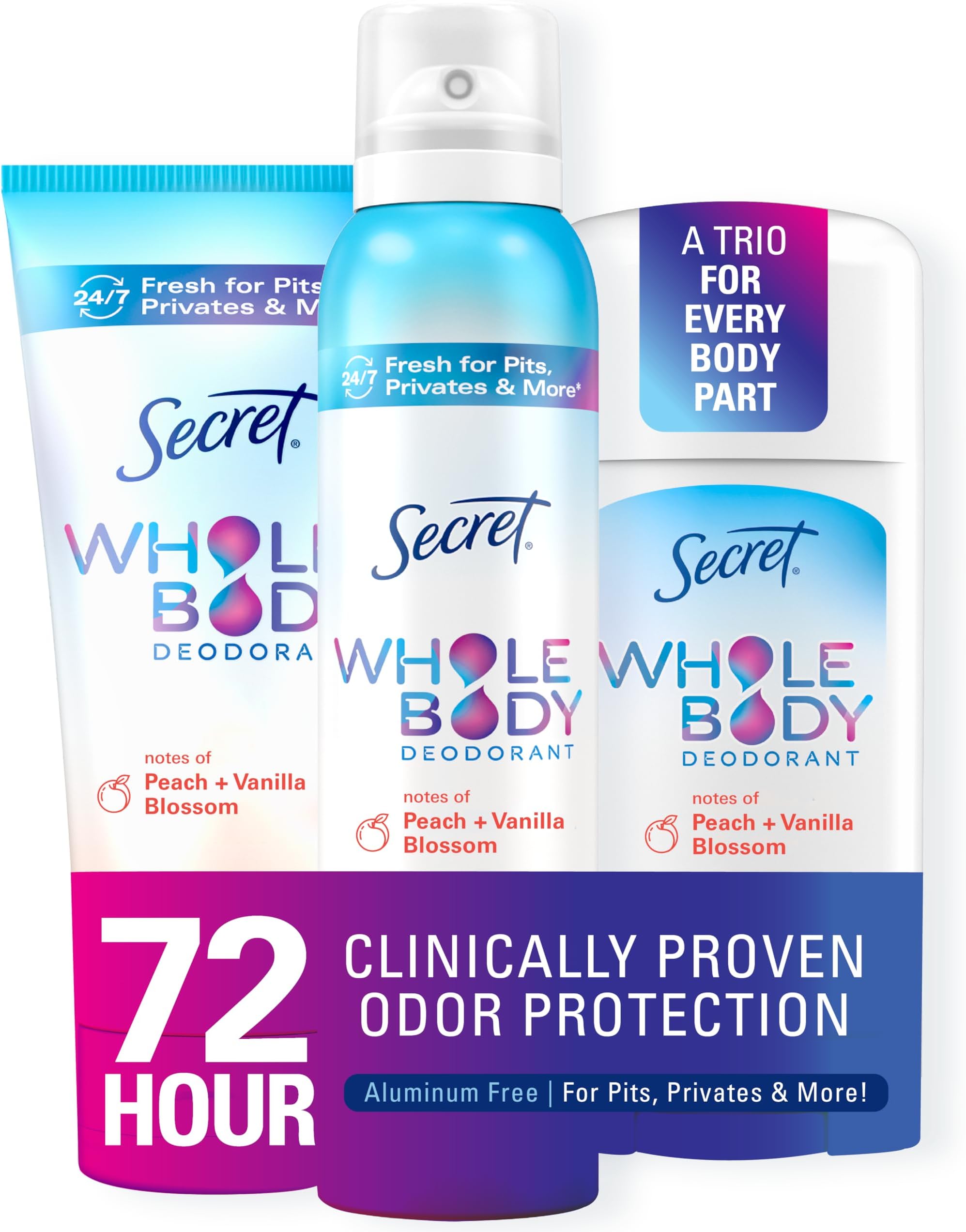 Amazon.com : Secret Whole Body Deodorant For Women Stick, Spray & Cream Regimen Pack, Peach ...