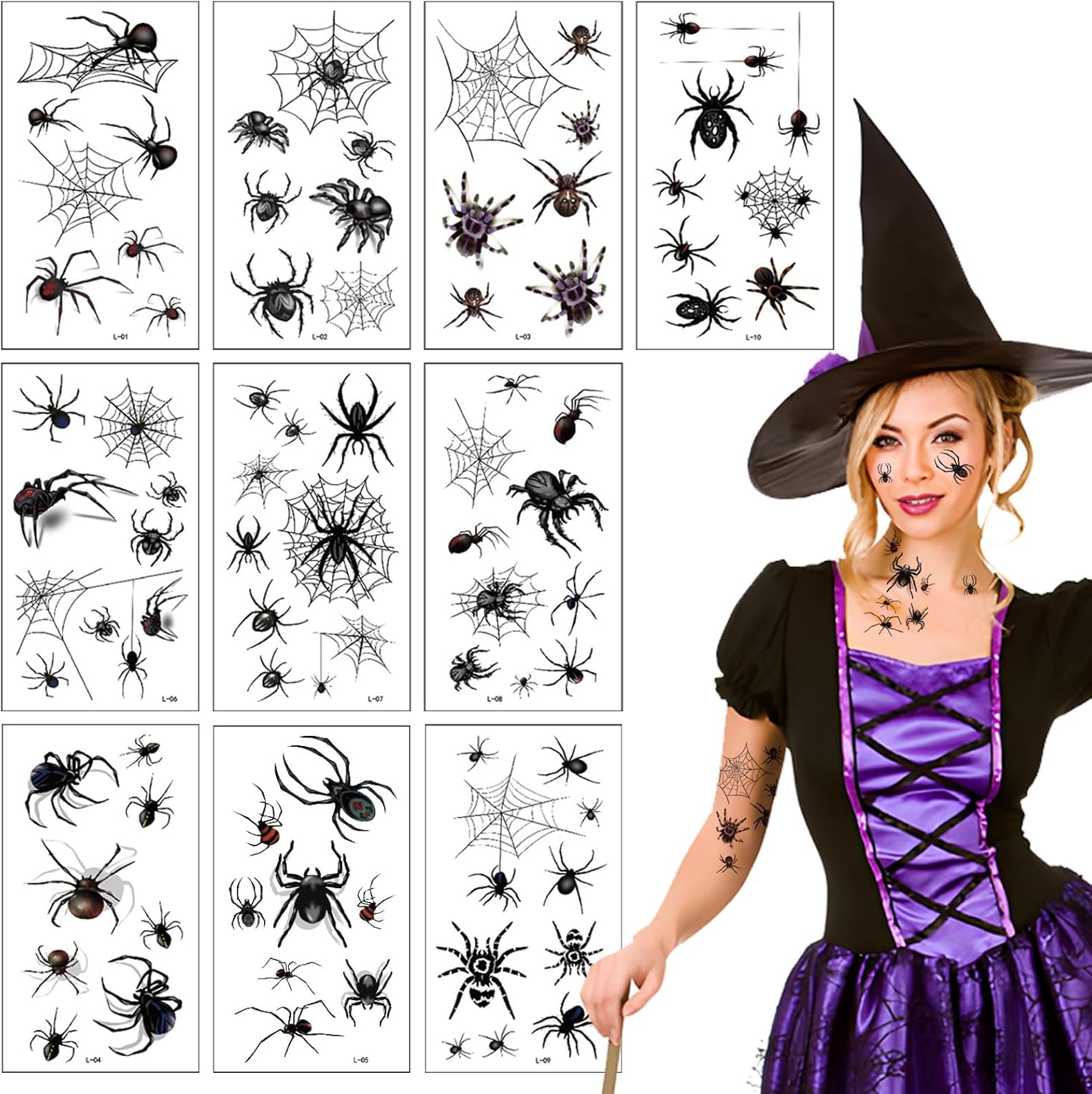 Spider Temporary Tattoos, Halloween Face Spider Cobweb Tattoo Realistic ...