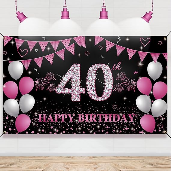 Amazon.com: HTDZZI 40th Birthday Backdrop Banner Hot Pink, Happy 40th ...