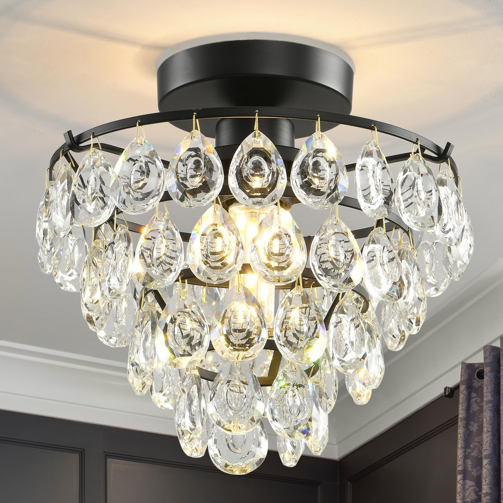 Litaddscen Modern Chrome Flush Mount Crystal Ceiling Light,2-Light ...