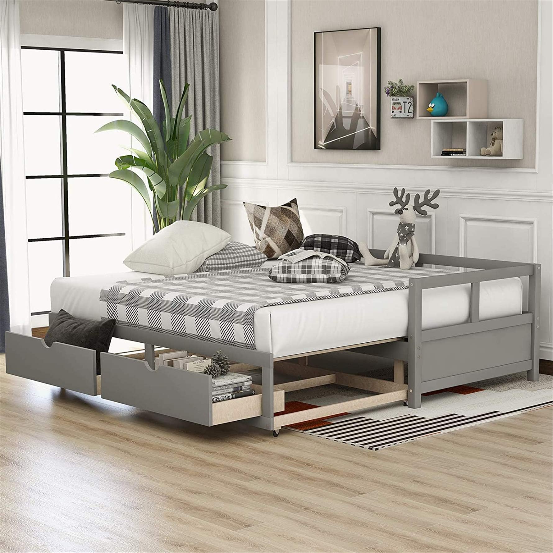 Amazon.com: Extendable Daybed with Trundle Beds, Wood Daybed Frame with ...