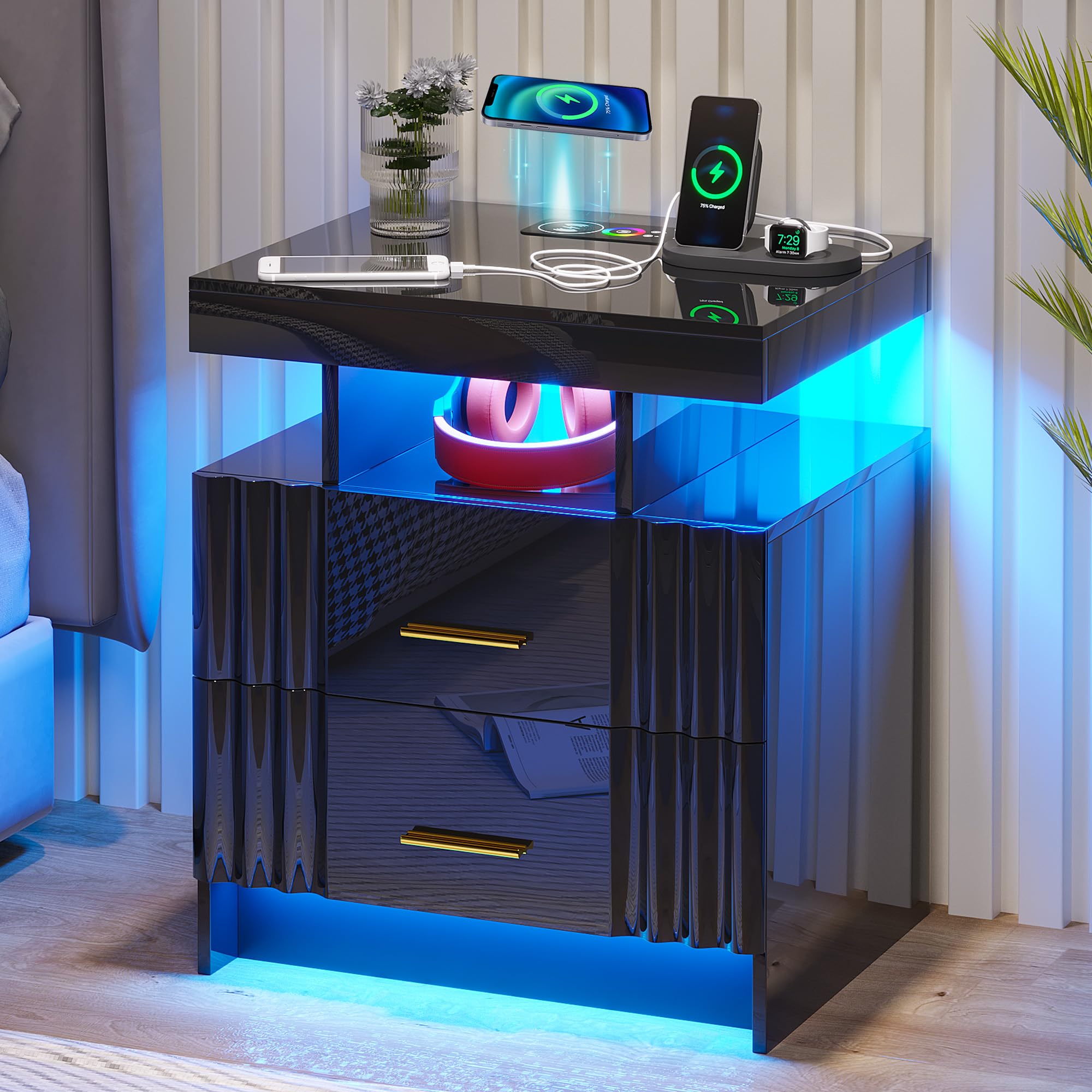 Amazon.com: HNEBC LED Nightstand, High Gloss Night Stand with Charging ...
