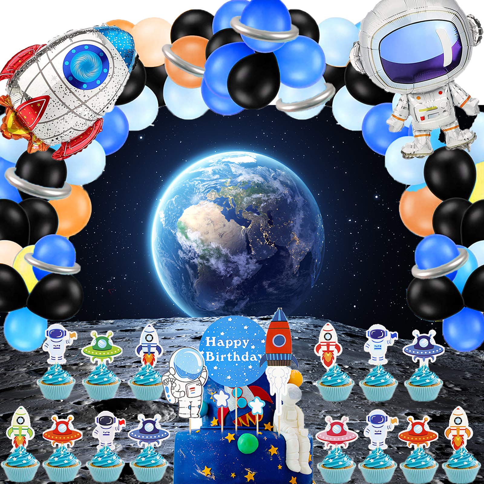 52 Pieces Outer Space Party Supplies Happy Birthday Space Backdrop ...
