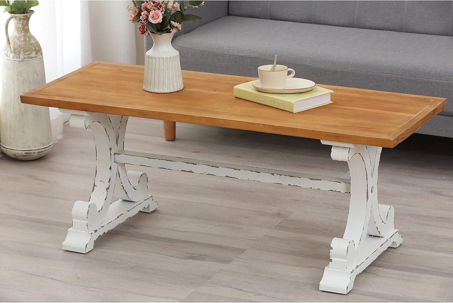 Amazon.com: Farmhouse Distressed White and Natural Wood Coffee Table 18 ...