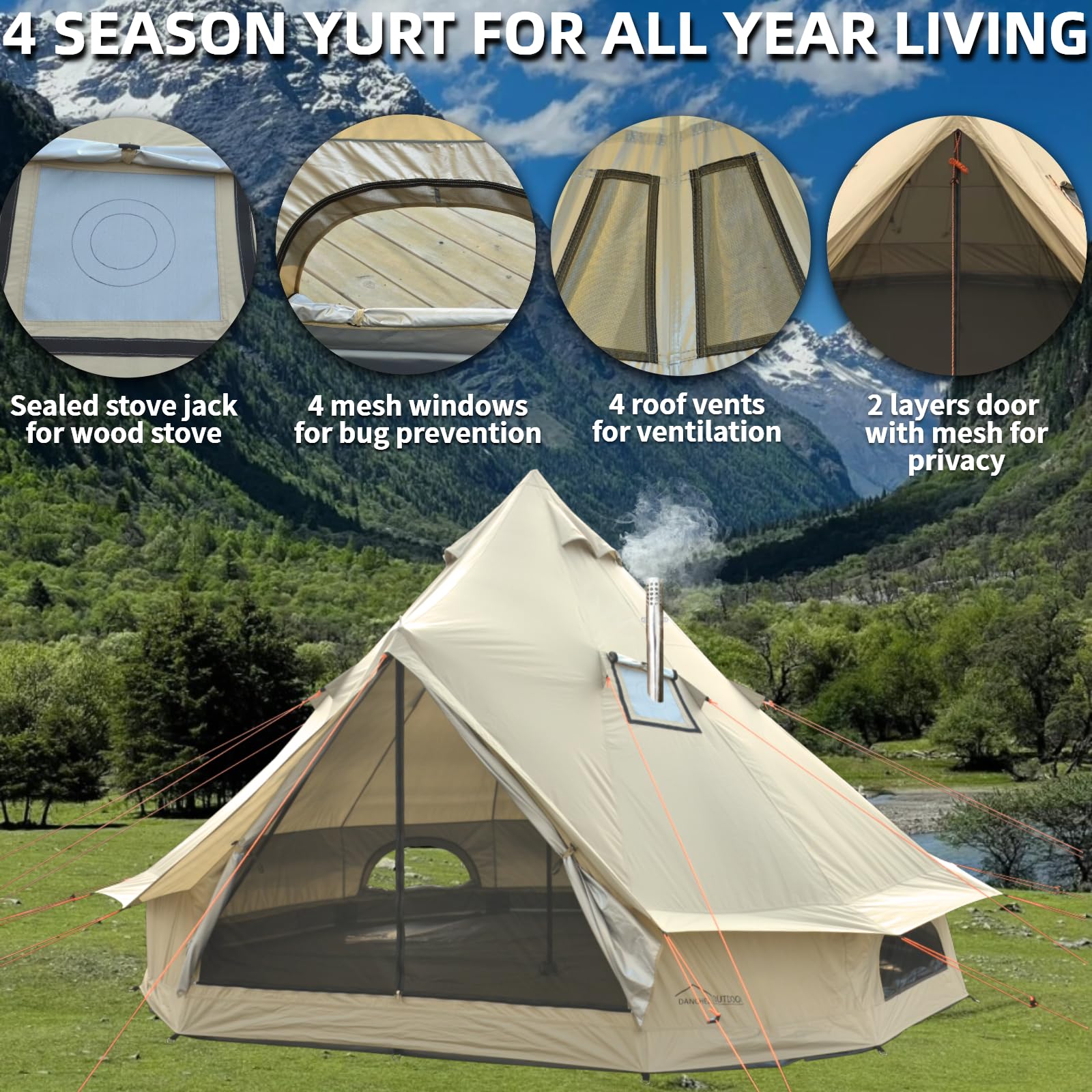 DANCHEL OUTDOOR B2 Portable Yurt Tent for Camping with Stove Jack, 4 ...