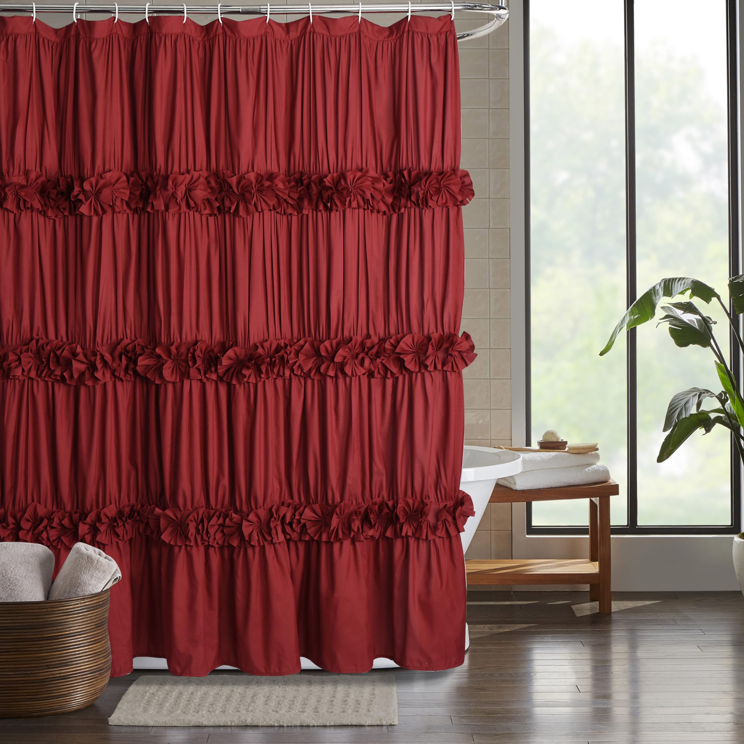 Amazon.com: Homechoice Decor Burgundy Ruffle Shower Curtain, Vintage ...
