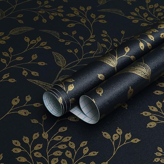 Heroad Dark Blue and Gold Floral Peel and Stick Wallpaper, 17.3" x 236 ...