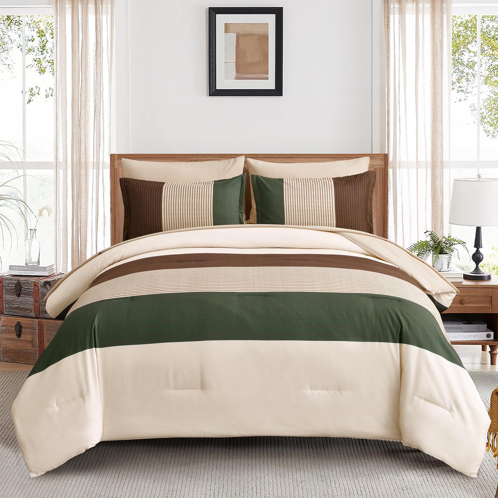 Amazon.com: Striped Comforter Set Queen Size, Boho Brown Green Striped ...