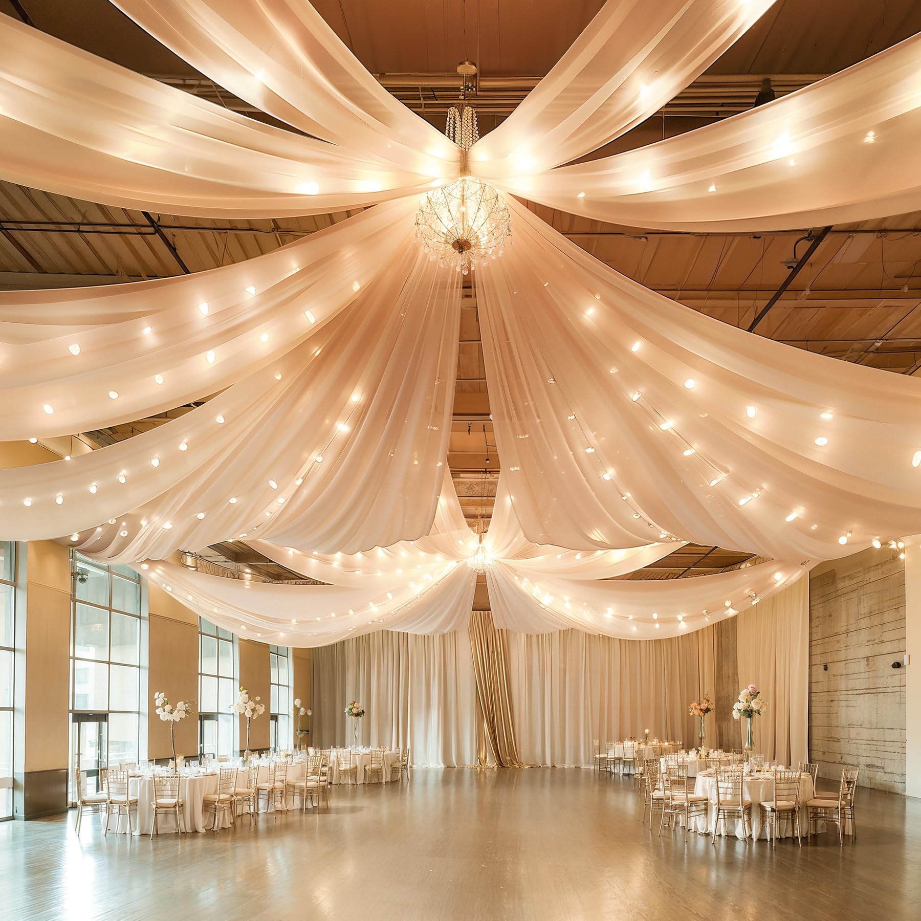 Amazon.com: 6 Panels Champagne Ceiling Drapes with Lights String for ...