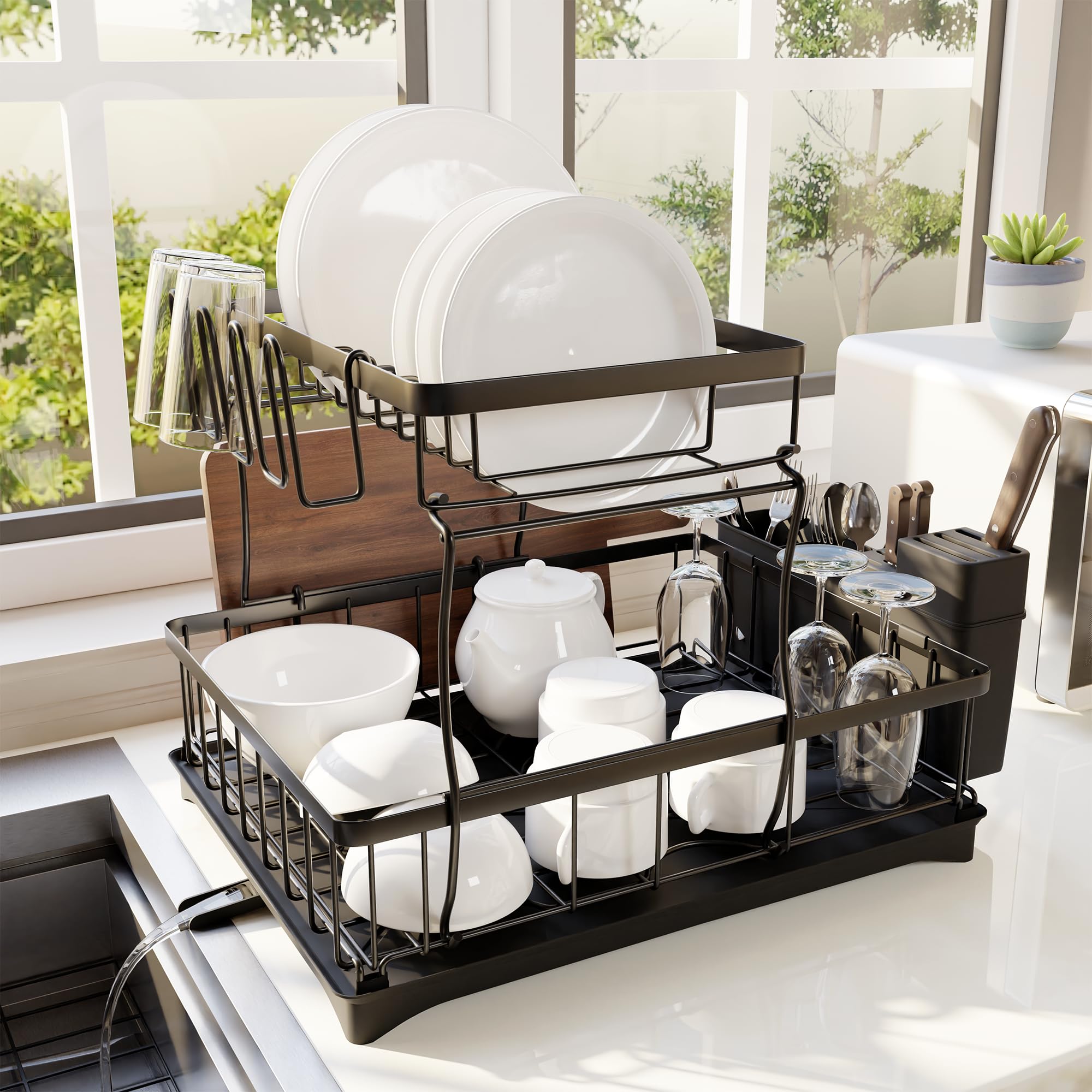 PRIME FEEL 2 Tier Dish Drainer Rack with Drainage Spout,Detachable Dish ...