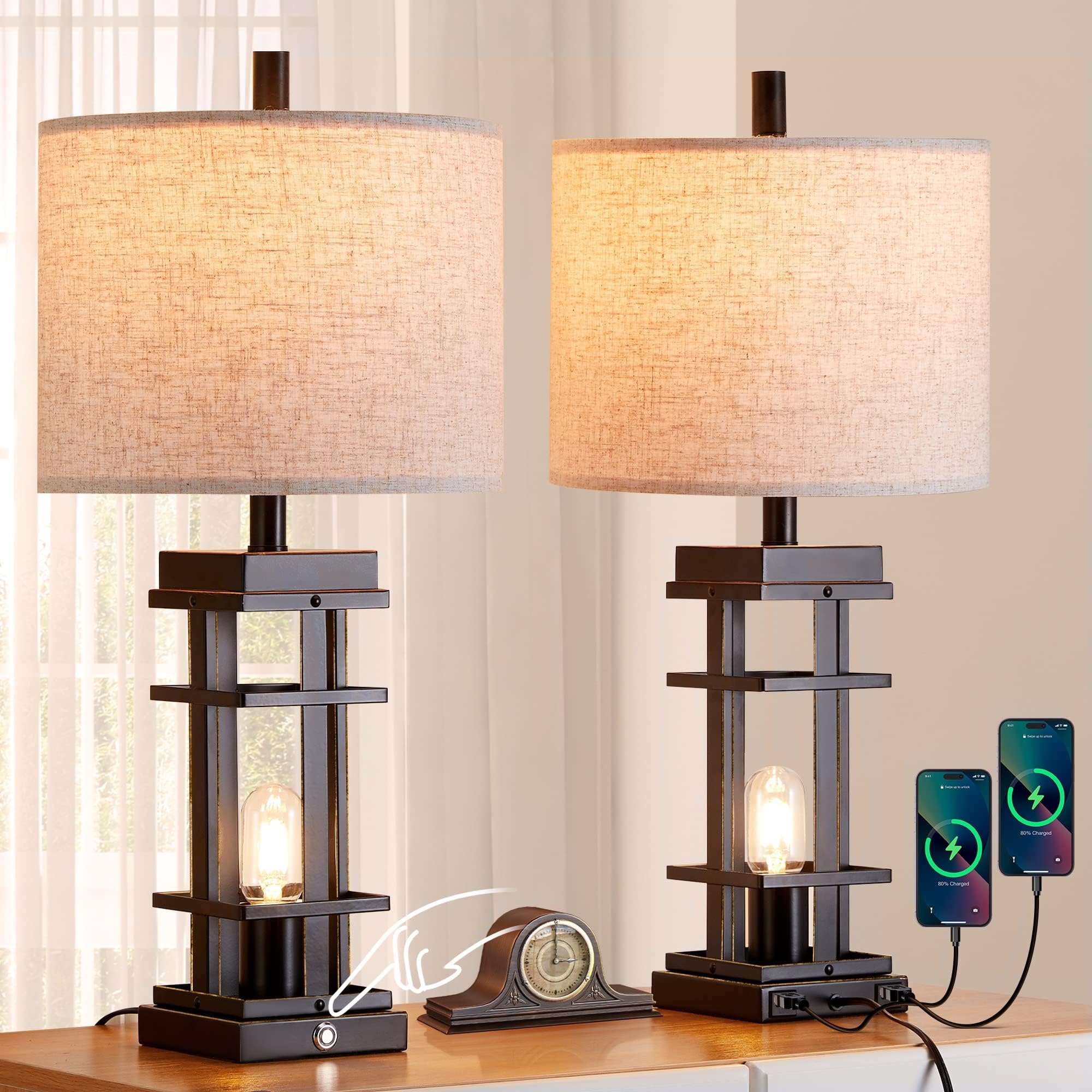 Maxax Farmhouse Table Lamps Set of 2 with USB & Type-C Port, 3-Way ...