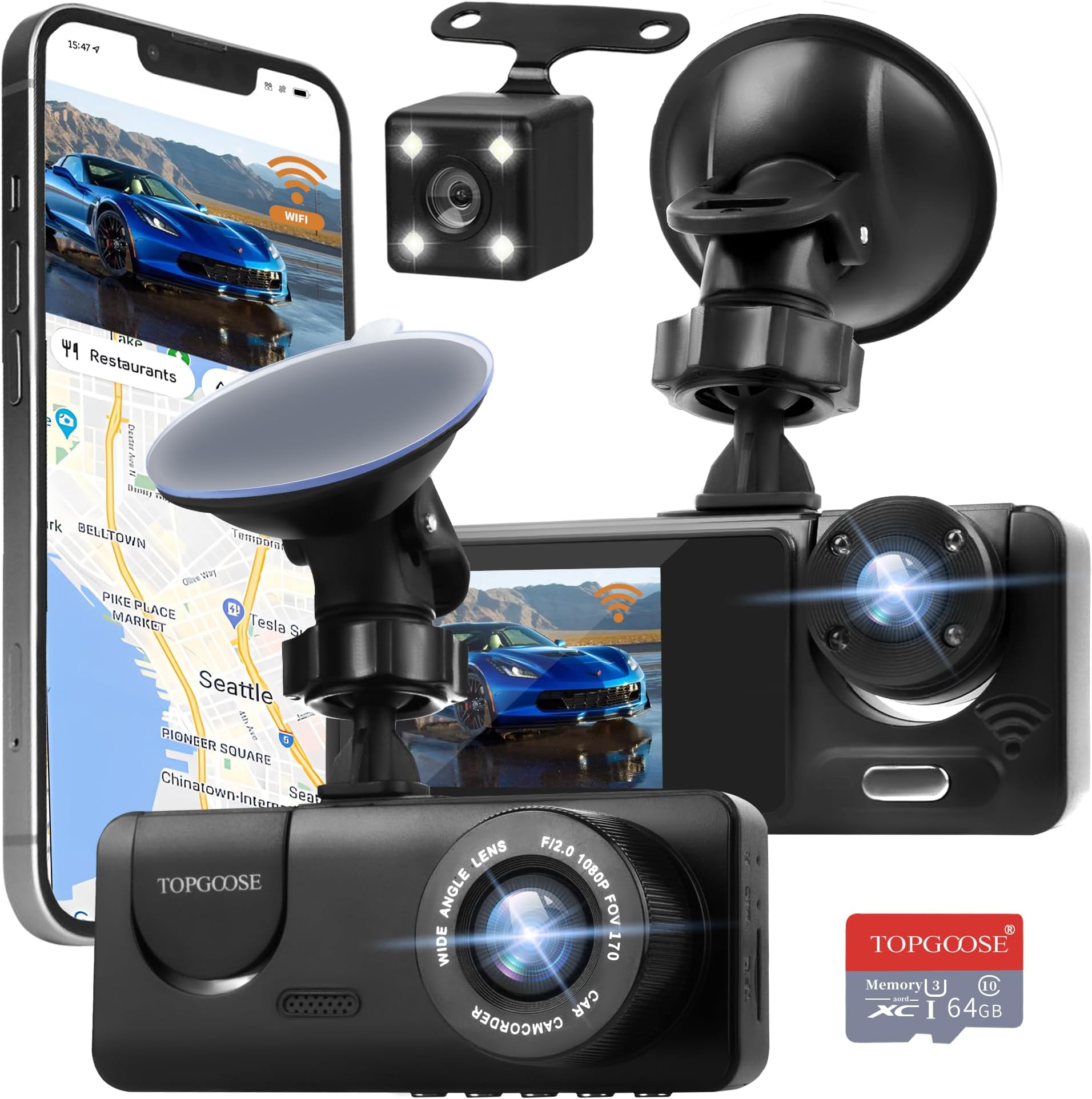Amazon.com: Yansoo 3 Channel Dash Cam Front and Rear Inside,1080P Three ...