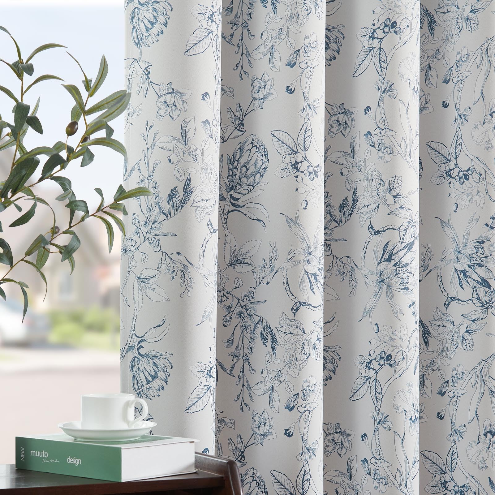 jinchan 100% Blackout Floral Curtains 63 Inch Length Blue Flower ...