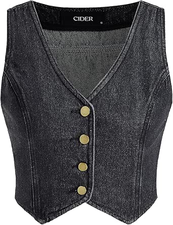 Amazon.com: CIDER Women's Denim Vest V Neck Sleeveless Crop Vest Button Down Casual Tops Trendy ...