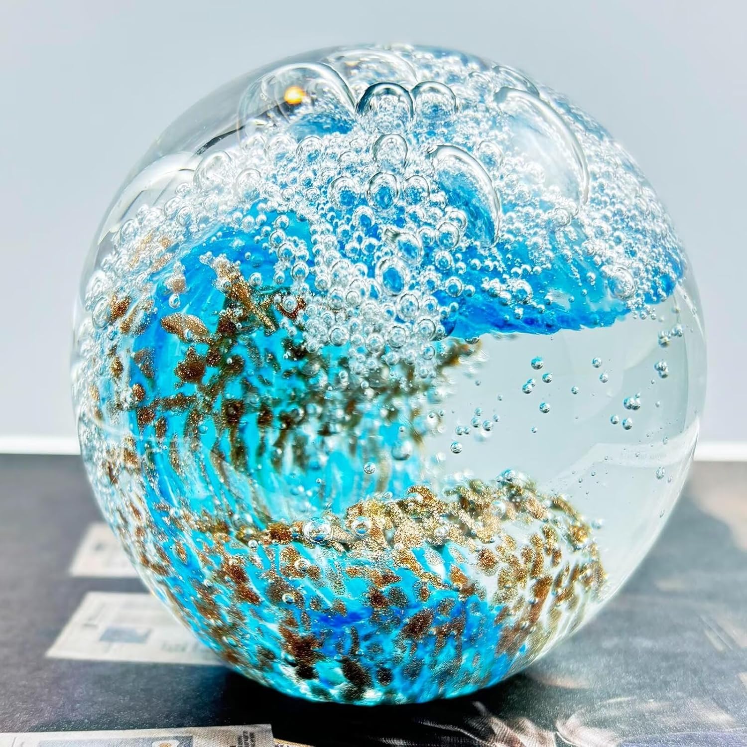 Amazon.com: FZBHRO Decorative Crystal Ball Figurines Ocean Waves Paperweight Blown Glass Decor ...