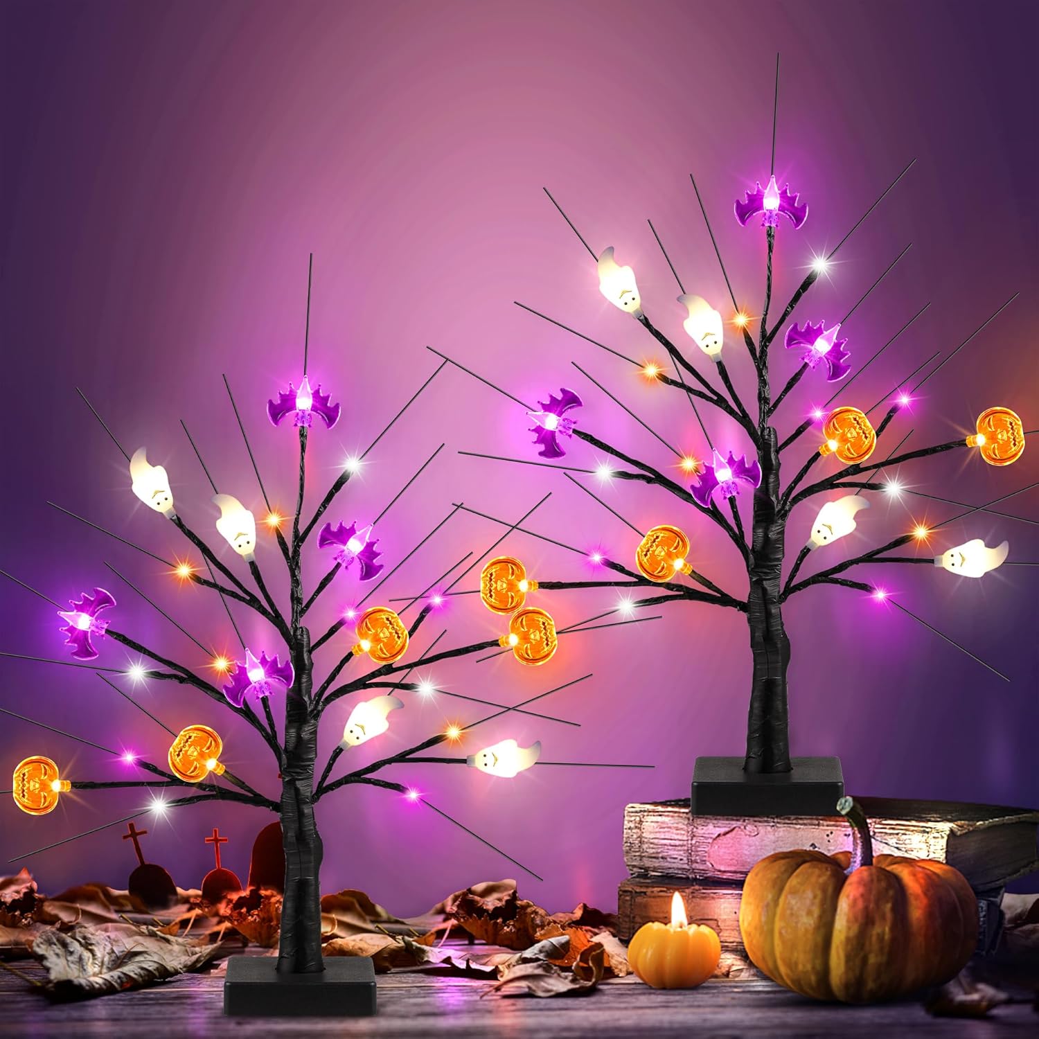 Amazon.com: [Timer] 2 Pack 18" Black Halloween Tree, 48 LED Spooky ...