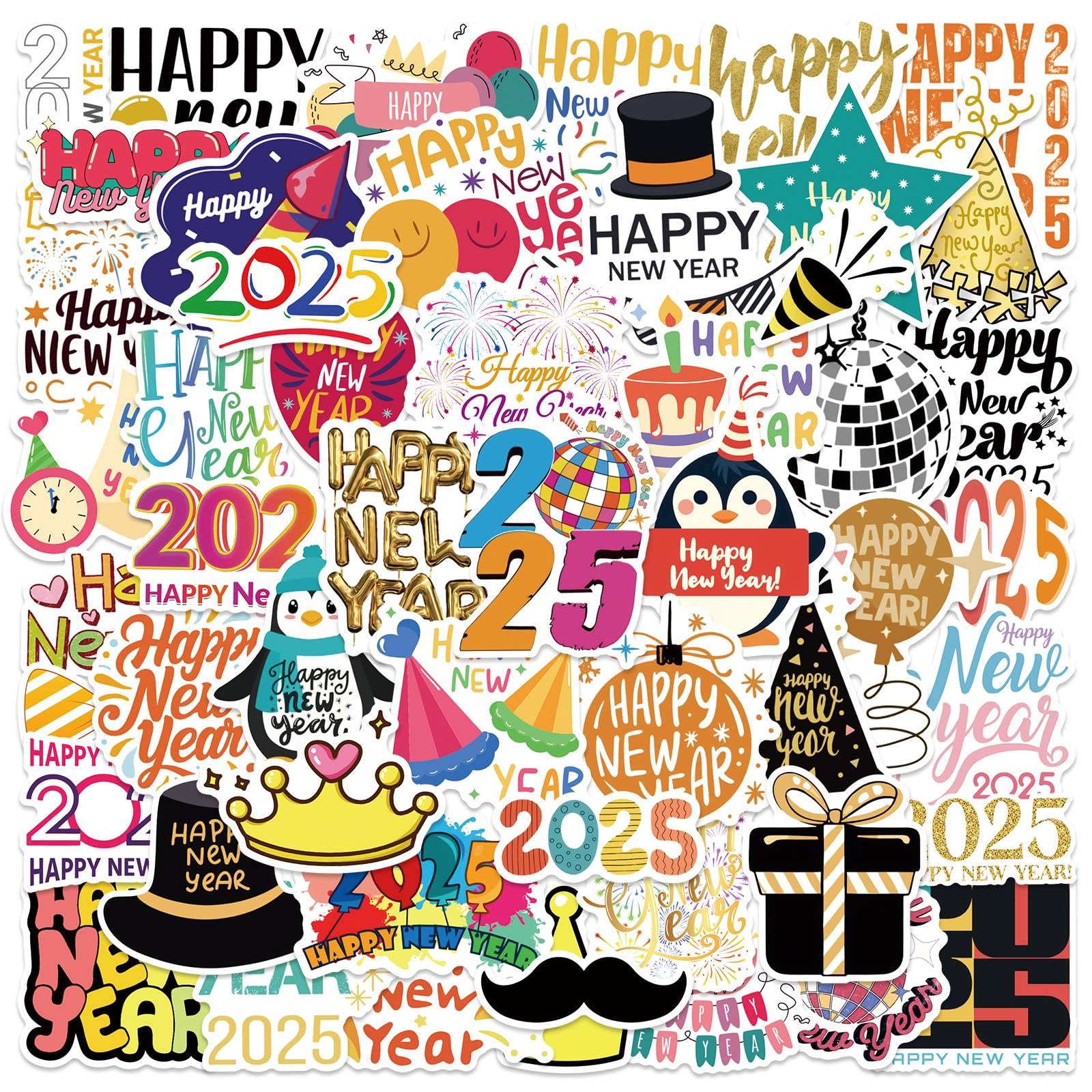 Amazon.com: XZENTIRA 52 PCS Happy New Year Stickers 2025 Holiday ...