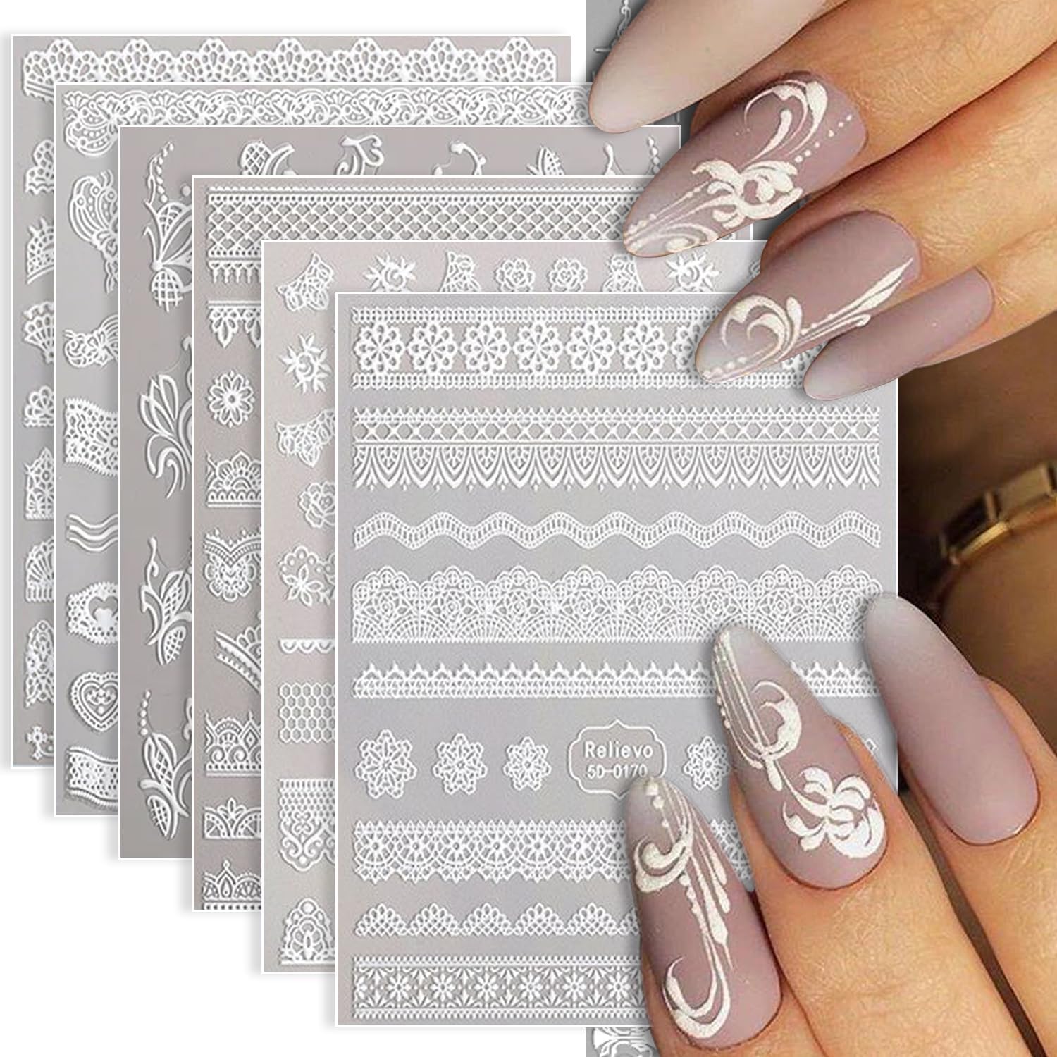 Amazon.com: 5D Nail Art Stickers 6 Sheets Embossed White Lace Nail ...