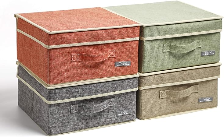 Amazon.com - YueYue Small 4 Pack Fabric Stroage Box with Lids, Linen ...