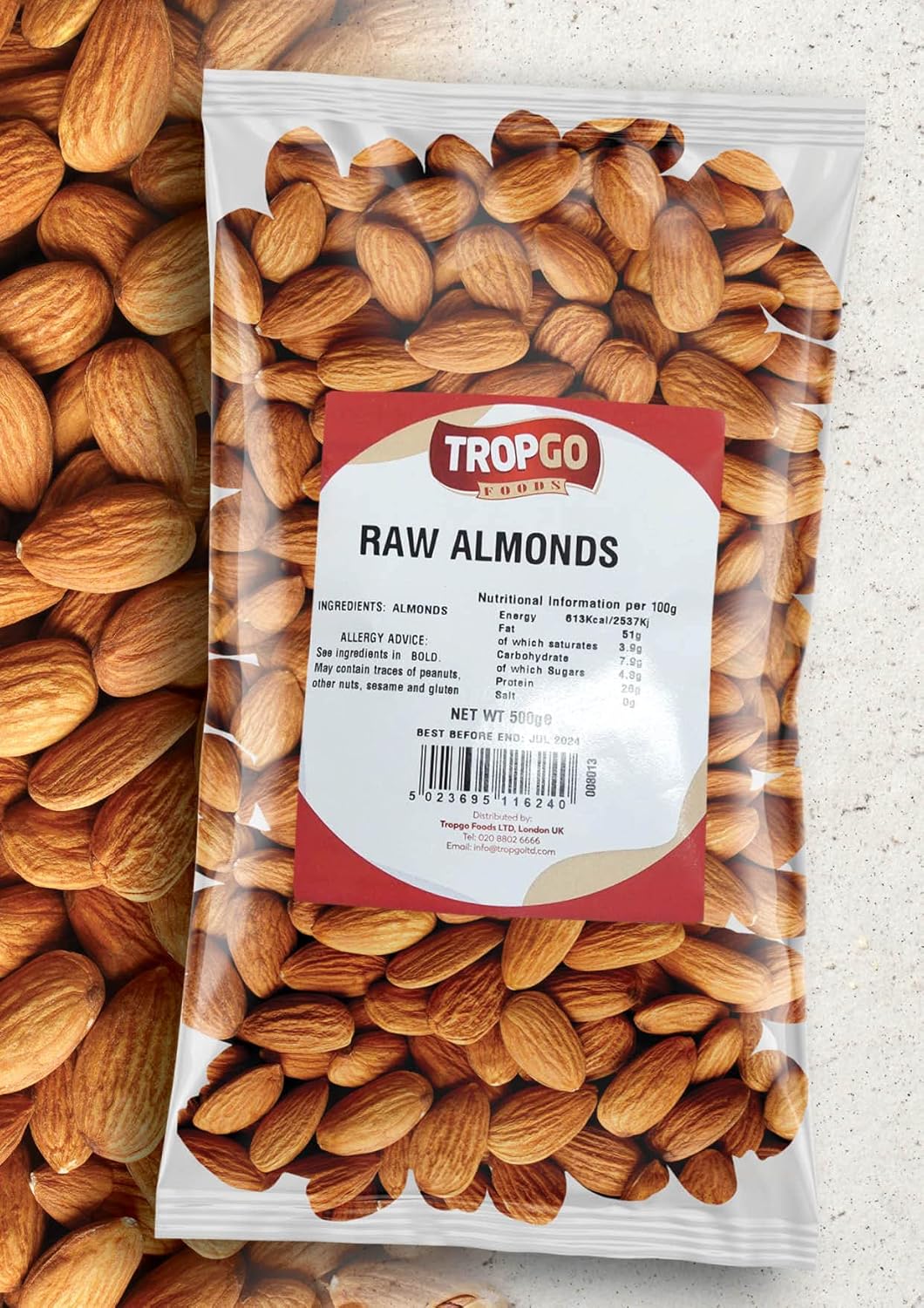 Tropgo Almonds Whole Raw Nuts - 500g - Unsalted Almond, Sprouted Gluten ...