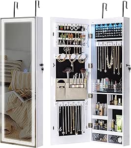 Tektalk Led Lights Jewelry Cabinet with Full Length Mirror, Wall/Door ...