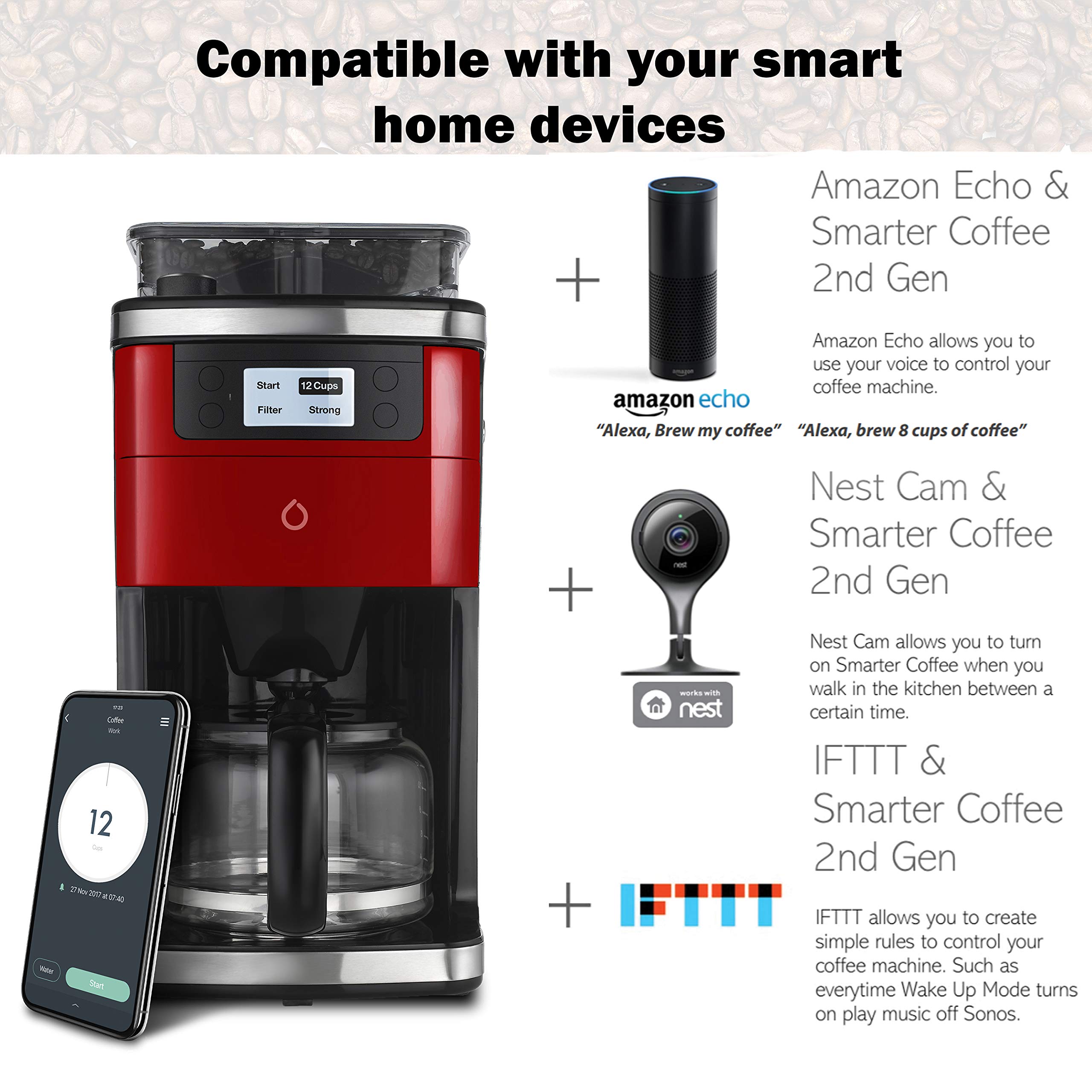 Smarter Smart iCoffee Brew Coffee Maker in Red with Built-in Grinder ...