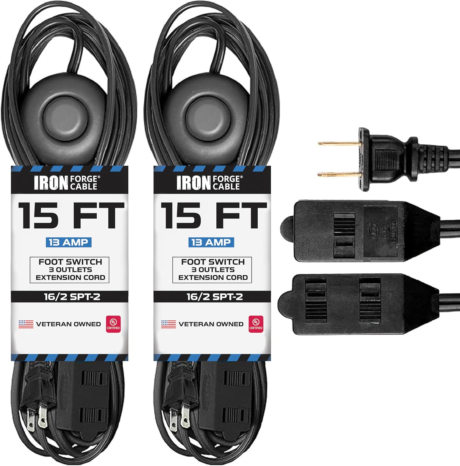 Iron Forge Cable 2 Pack 15 ft 3 Outlet Black Extension Cord with Foot ...