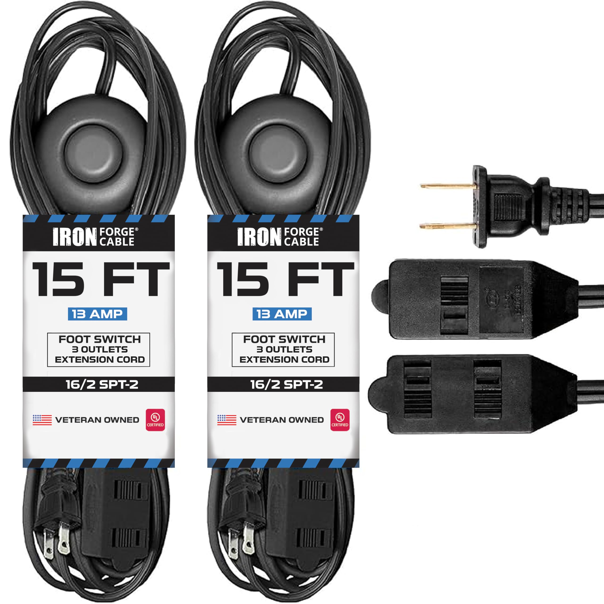 Iron Forge Cable 3 Outlet Foot Switch Extension Cord 15 ft, 2 Pack, 13 ...