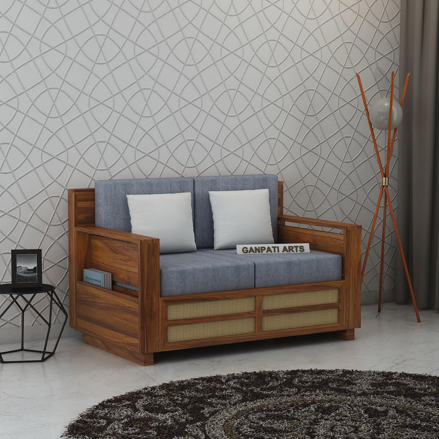 Ganpati Arts Solid Sheesham Wood Two Seater Syrus Sofa with Side Pocket ...