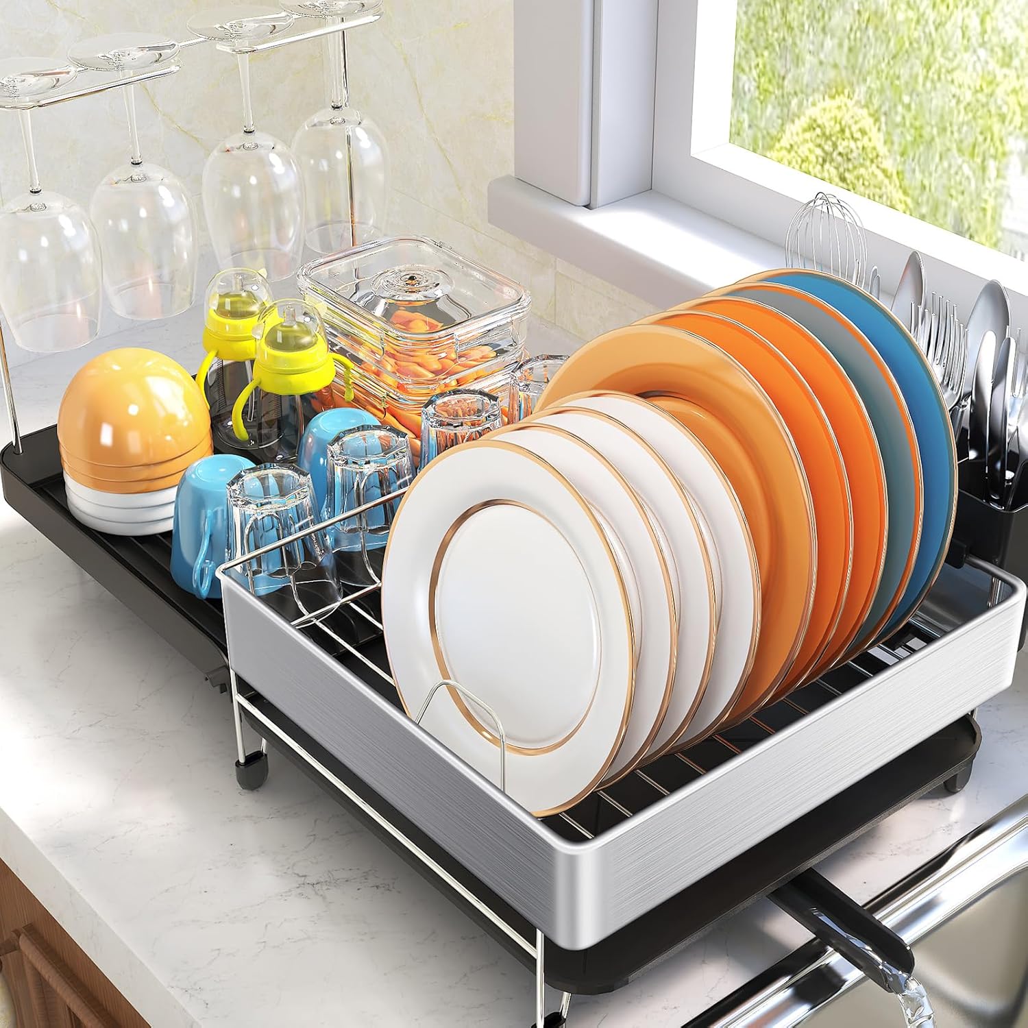 APEXCHASER Expandable Dish Drainer Rack, Stainless Steel Dish Drainer ...