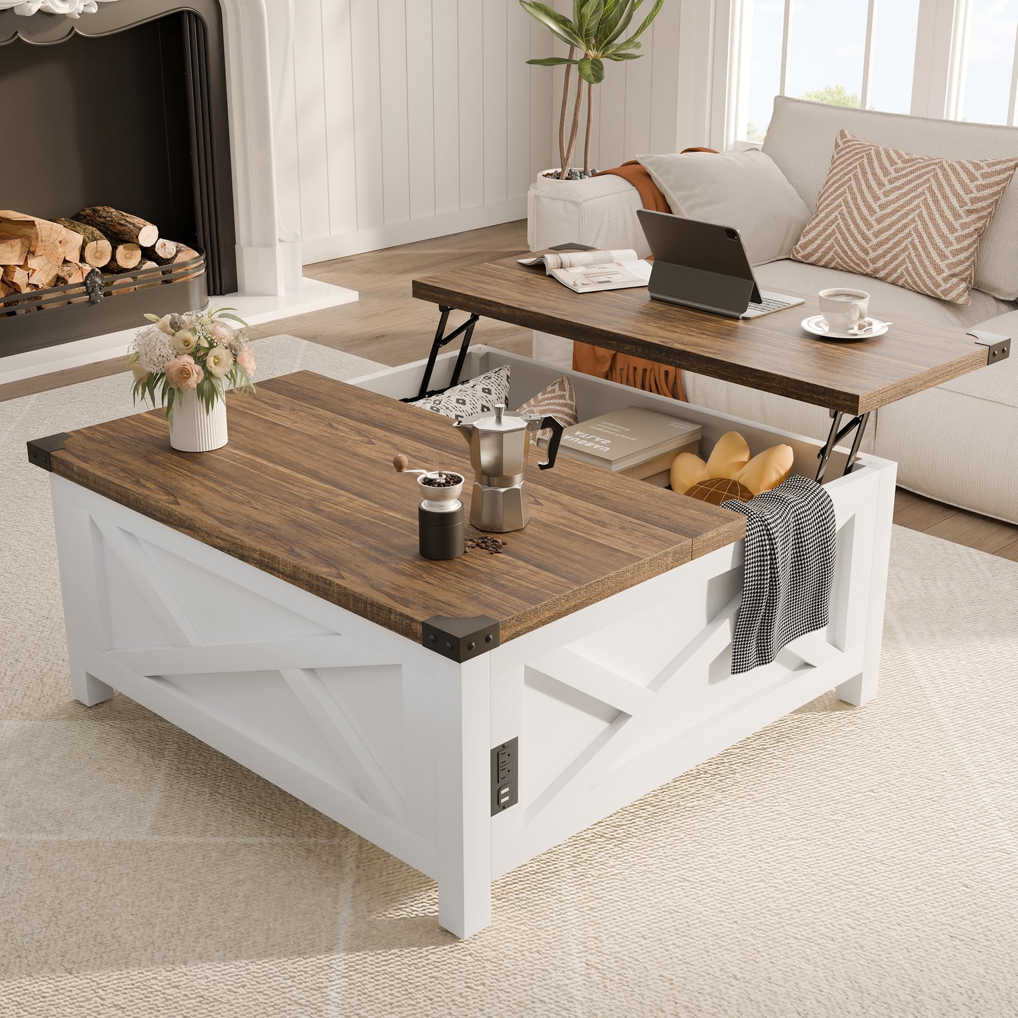 Amazon.com: Farmhouse Square Coffee Table with Storage - 35" Wood ...