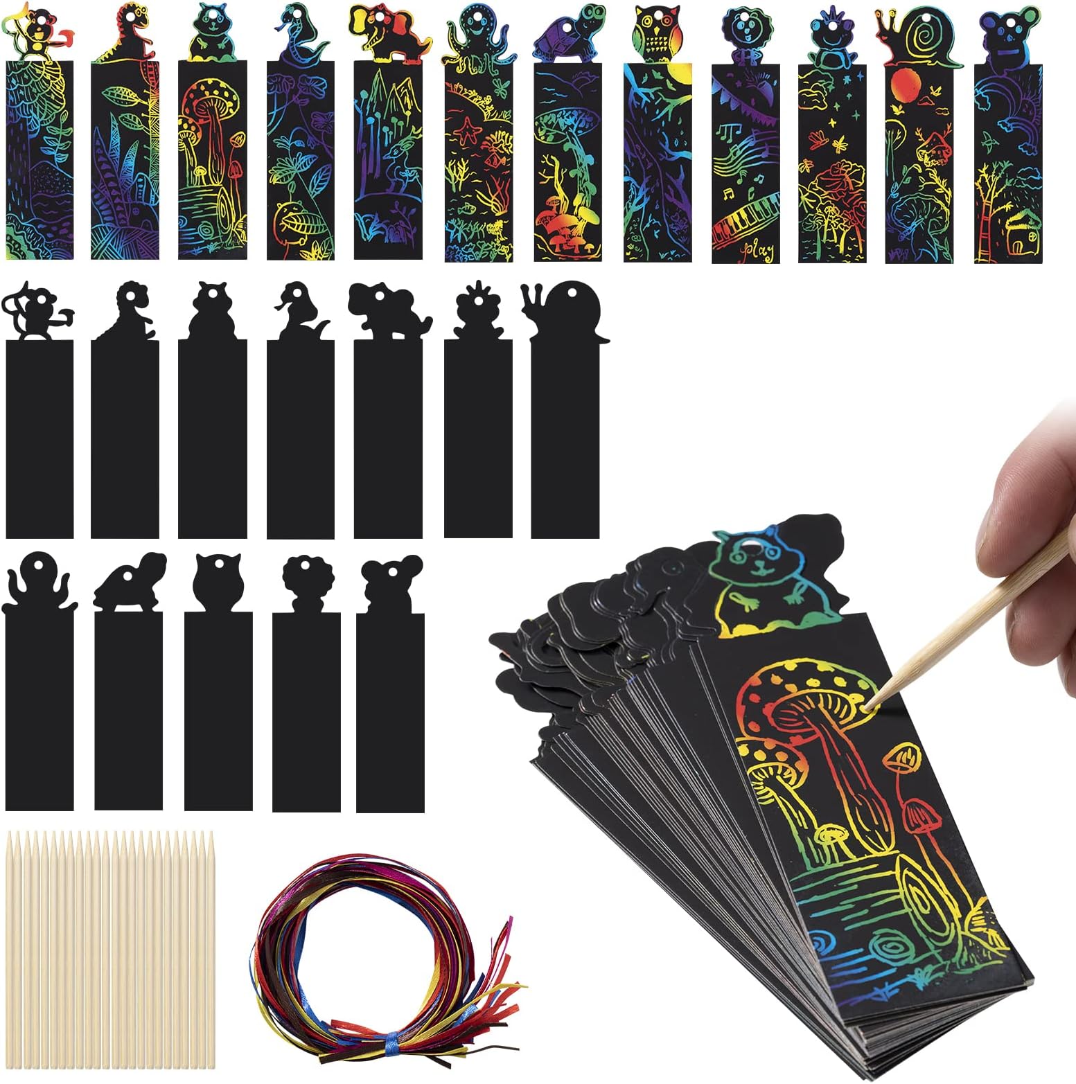 DoGeek 48 Pcs Animal Scratch Art Bookmarks for Kids Craft DIY Rainbow ...