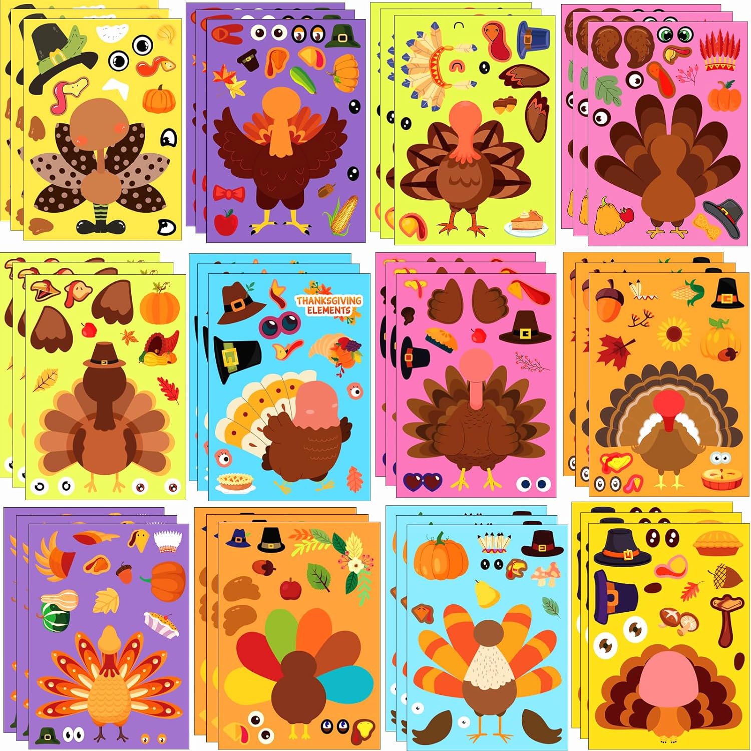 Amazon.com: 36 Sheets Large Size Make-A-Turkey Stickers, Thanksgiving ...