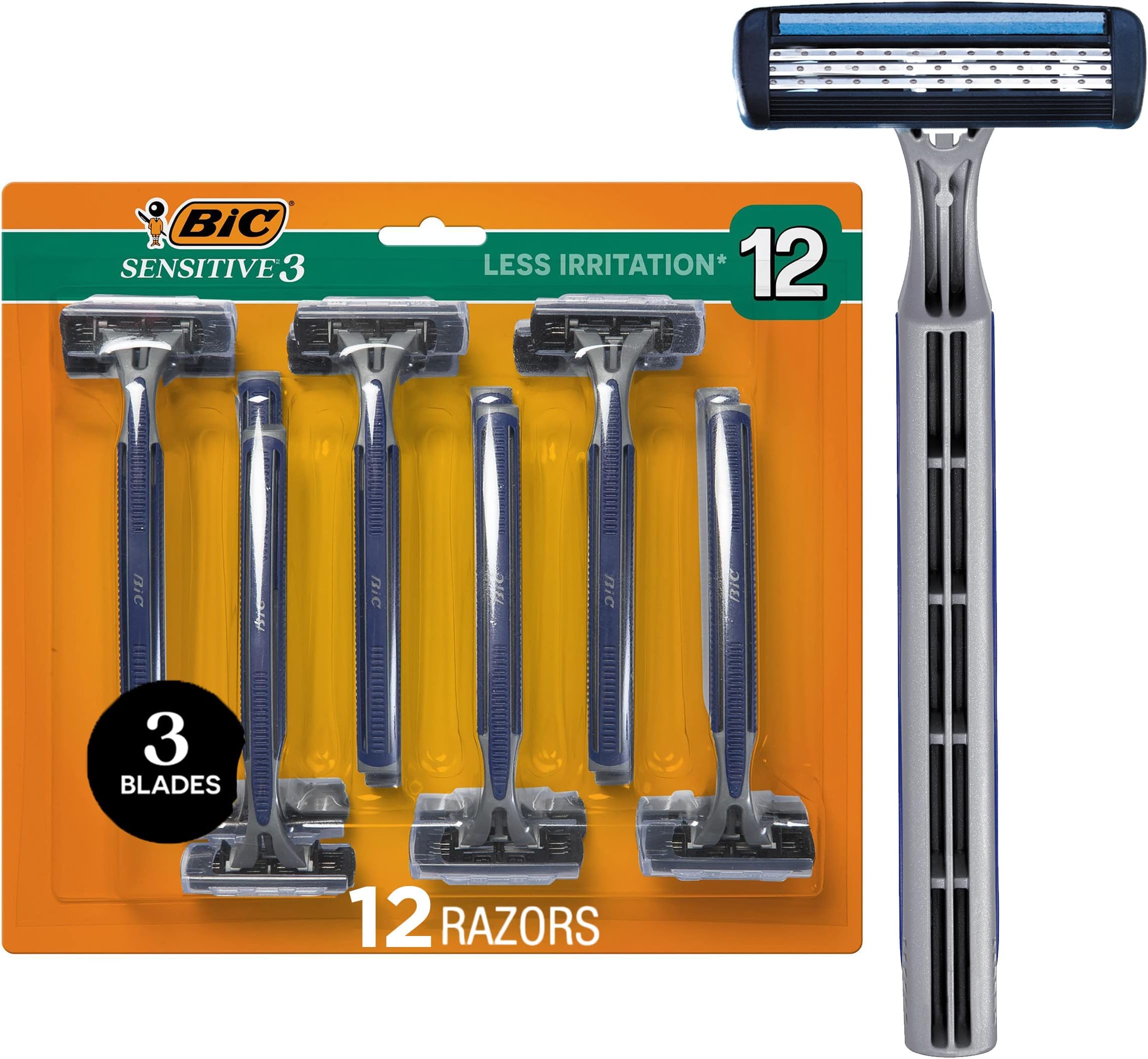 Amazon.com: BIC Sensitive 3 Disposable Razors for Men With 3 Blades for Sensitive Skin, 12 Count ...