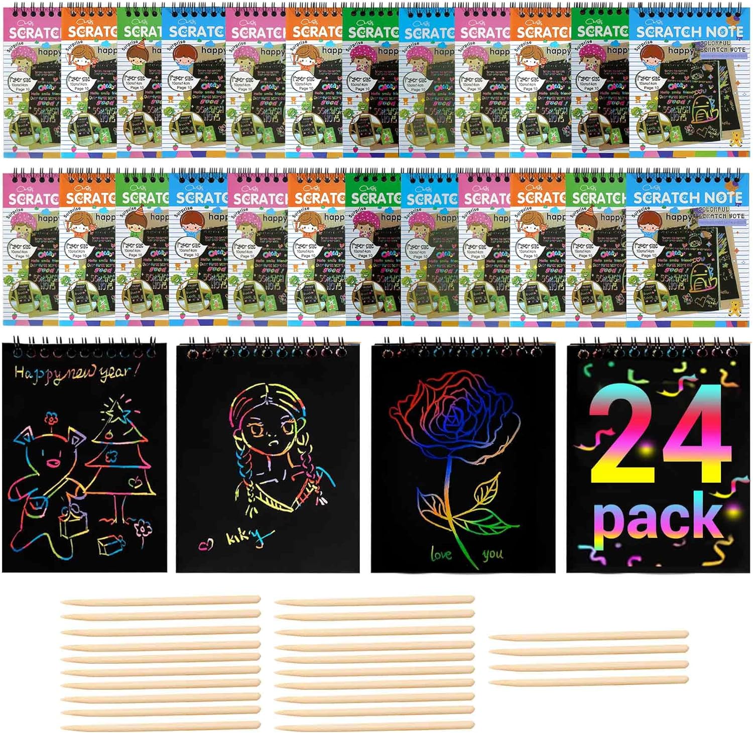 Amazon.com: BREENHILL Rainbow Scratch Notebook 24 Wooden Stylus and 4 ...