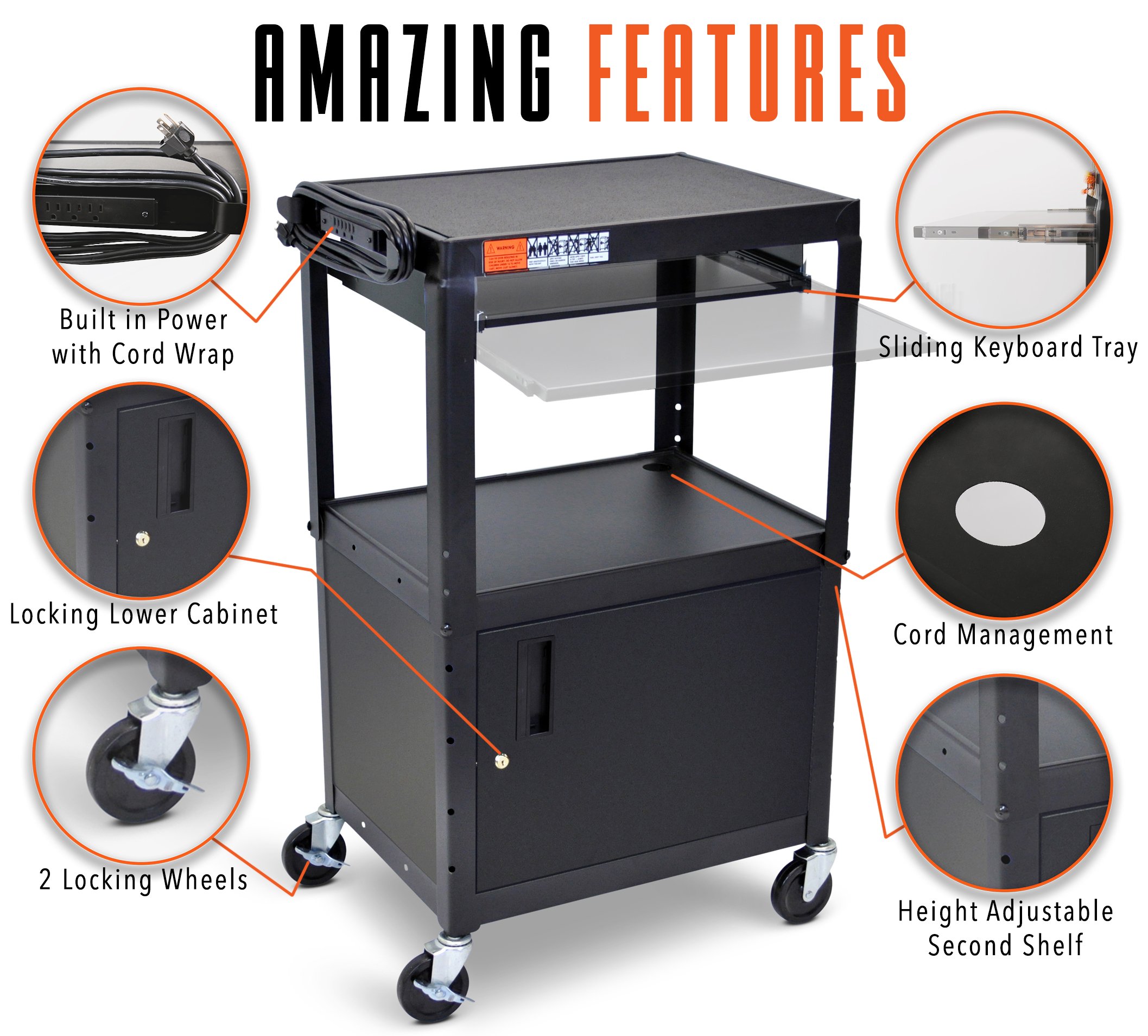 Line Leader AV Cart with Locking Cabinet | Height Adjustable Utility ...