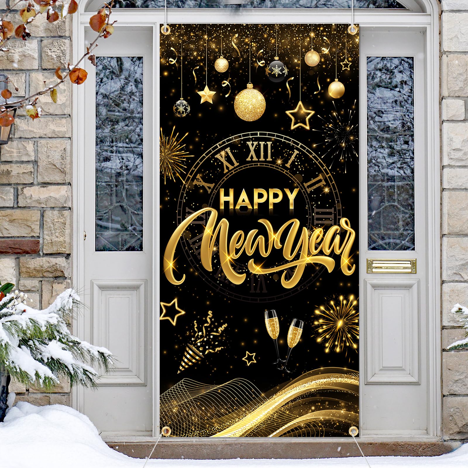 Amazon.com: New Years Decorations 2025 Door Cover, Black and Gold Happy ...