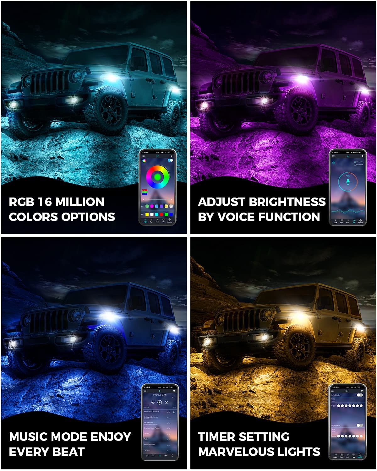 Snapklik.com : QMPARTS RGB LED Rock Lights, 60 LEDs Brightness Multicolor Neon Underglow Kit ...