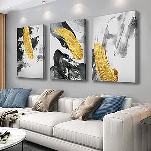 Amazon.com: VHMING Abstract Wall Art 3 Piece Canvas Painting Black and Gold Artwork Wall Decor ...
