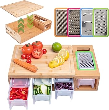 Amazon.com: Bamboo Cutting Board With Containers - Meal Prep Station ...