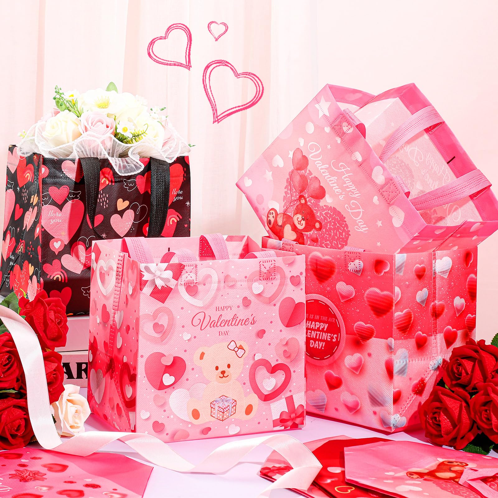 100 Pcs Valentines Gift Bag Bulk Reusable Valentine's Day Bag with ...
