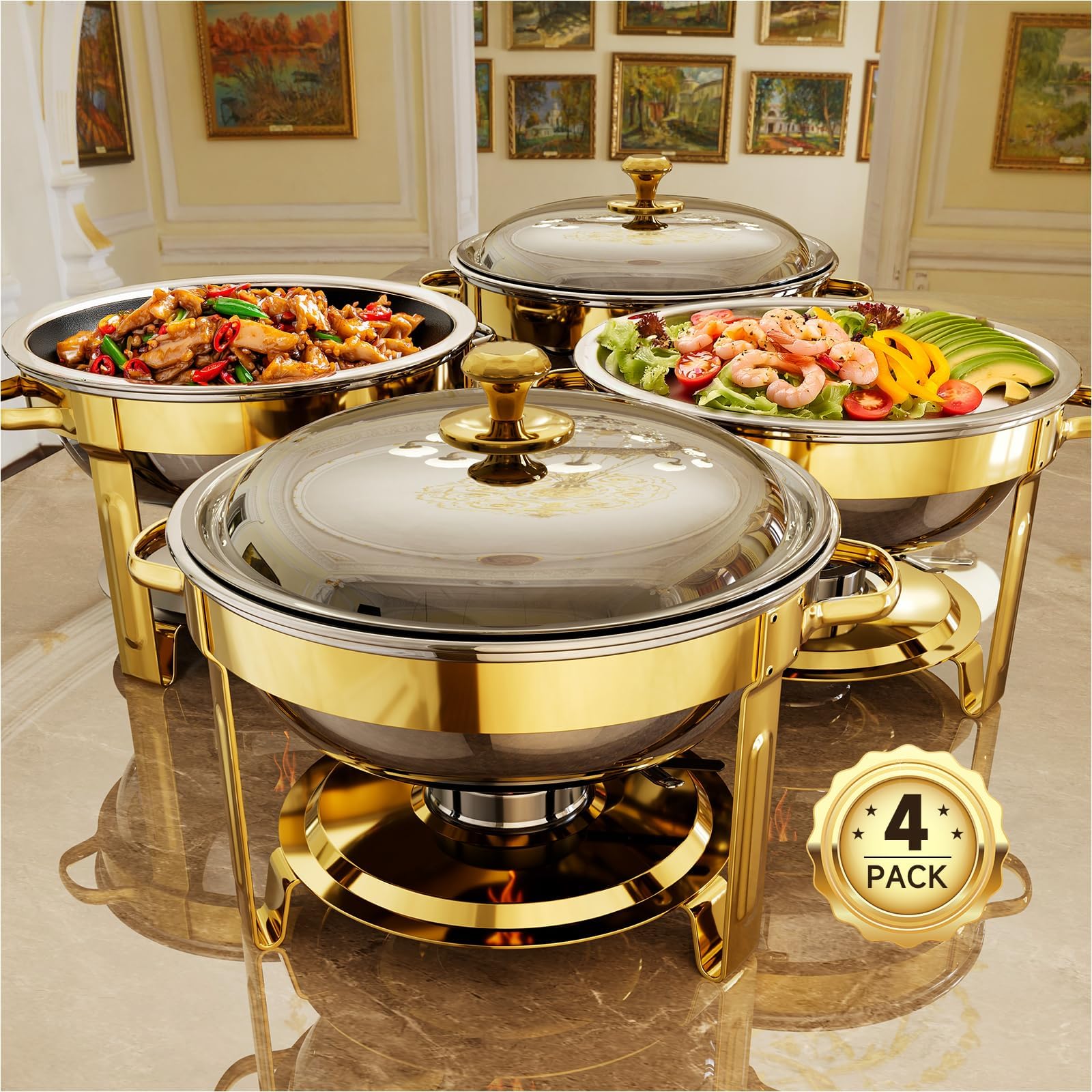 Amazon.com: ROVSUN 6 Quart Round Chafing Dish Buffet Set Gold Accent, Stainless Steel Roll Top ...