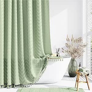 Amazon.com: Dynamene Boho Farmhouse Shower Curtain, Sage Green Fabric Tufted Chevron Striped ...