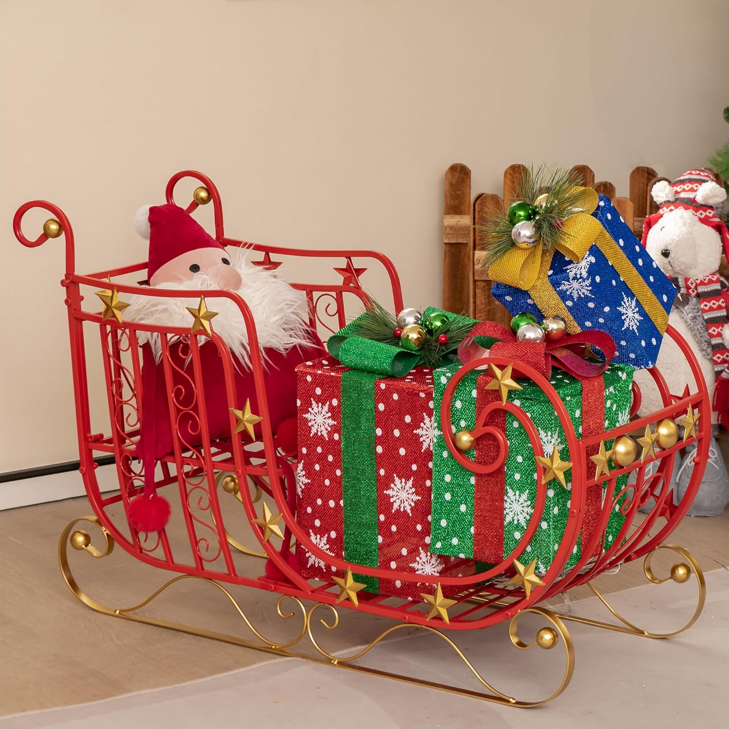 Amazon.com: Tangkula Metal Christmas Santa Sleigh Basket, Red Christmas ...
