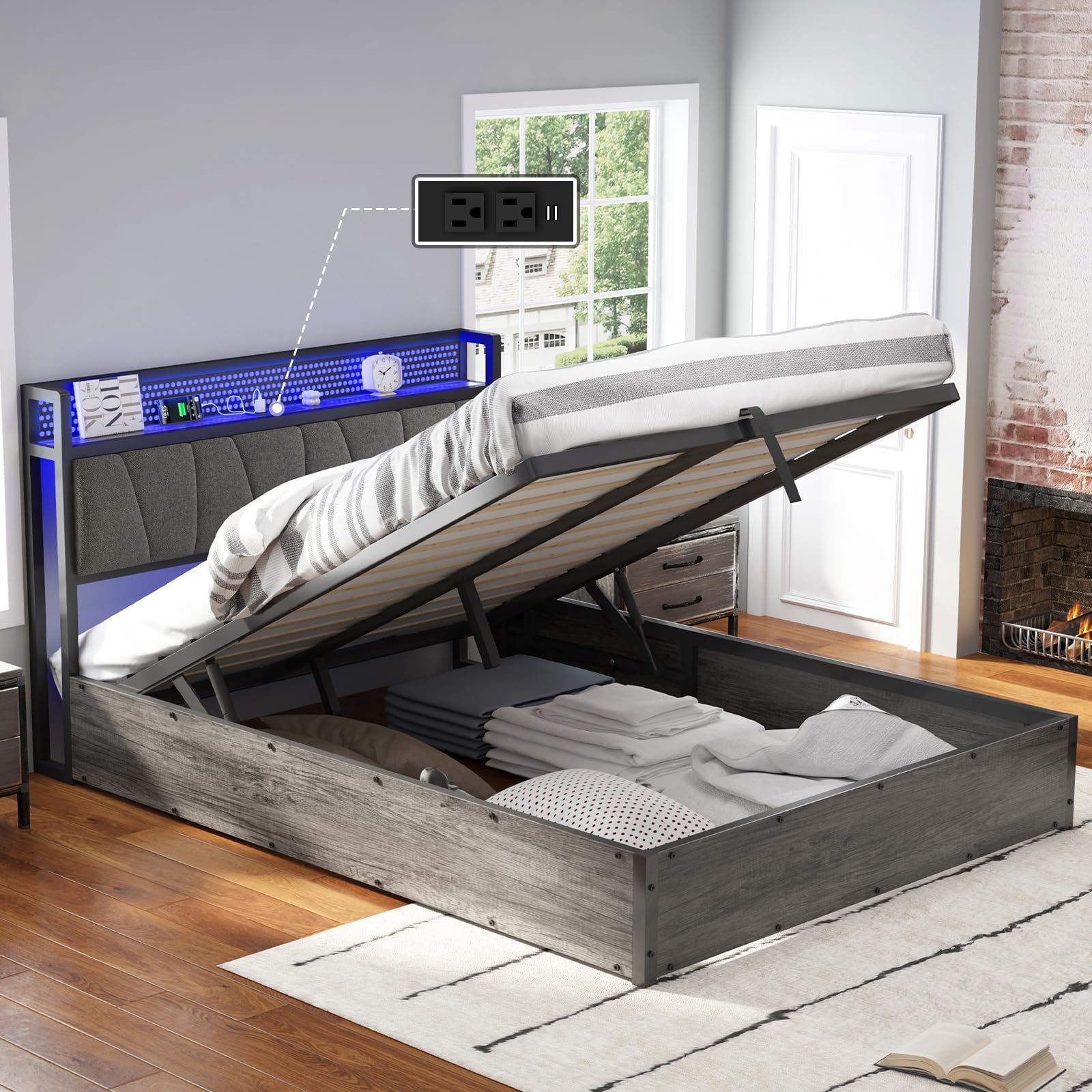 Amazon.com: AMERLIFE Full Size Lift Up Bed Frame with Linen Upholstered & LED Light & Storage ...