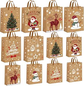 12 pcs Christmas Classic Gift Bags,Xmas Paper Bags Multipack with Large ...